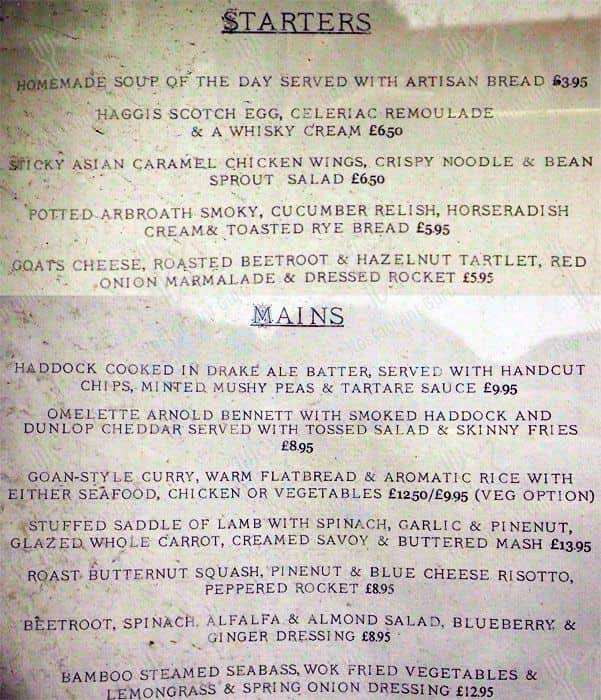 Menu at The Drake restaurant, Glasgow, 1 Lynedoch St