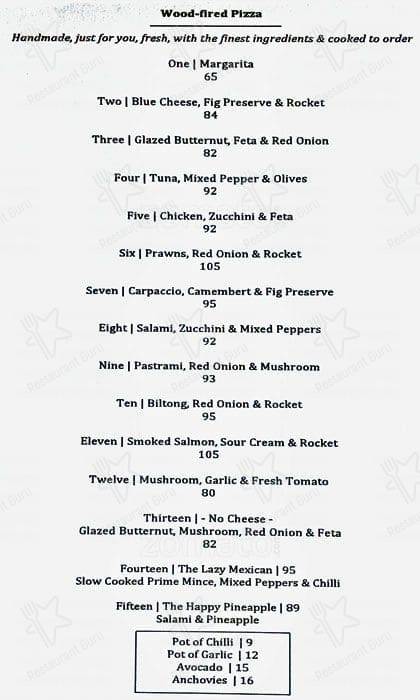 Menu at Hanging Rock Kitchen restaurant, Pringle Bay