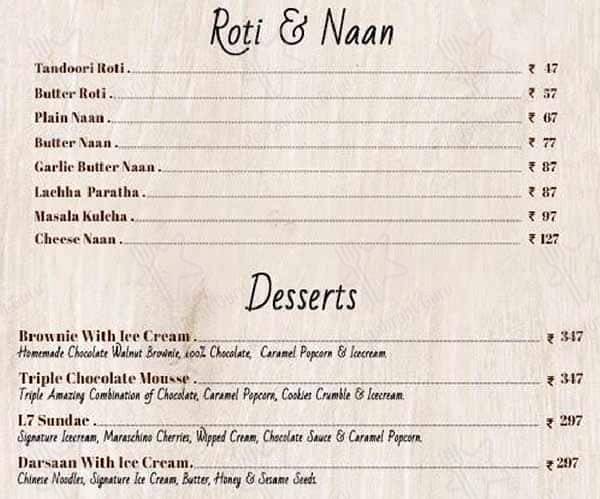 Menu at Level Seven, Kolkata, 9/1/1