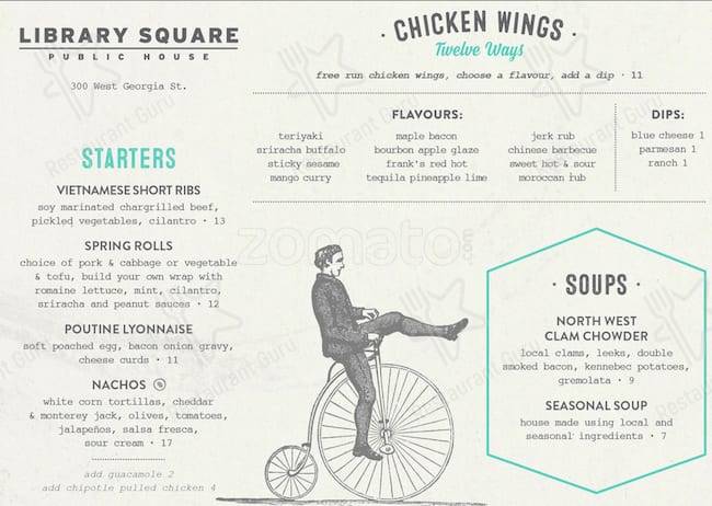 Menu at The Library Square Pub, Vancouver