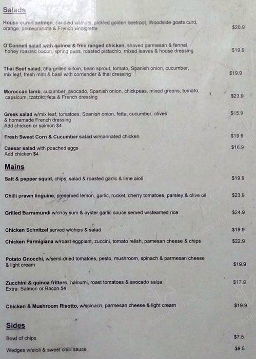 Menu at O'Connell Street Cafe, Sydney