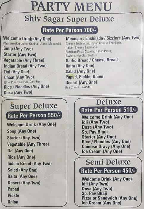 Menu at Shiv Sagar, Mumbai, Senapati Bapat Marg