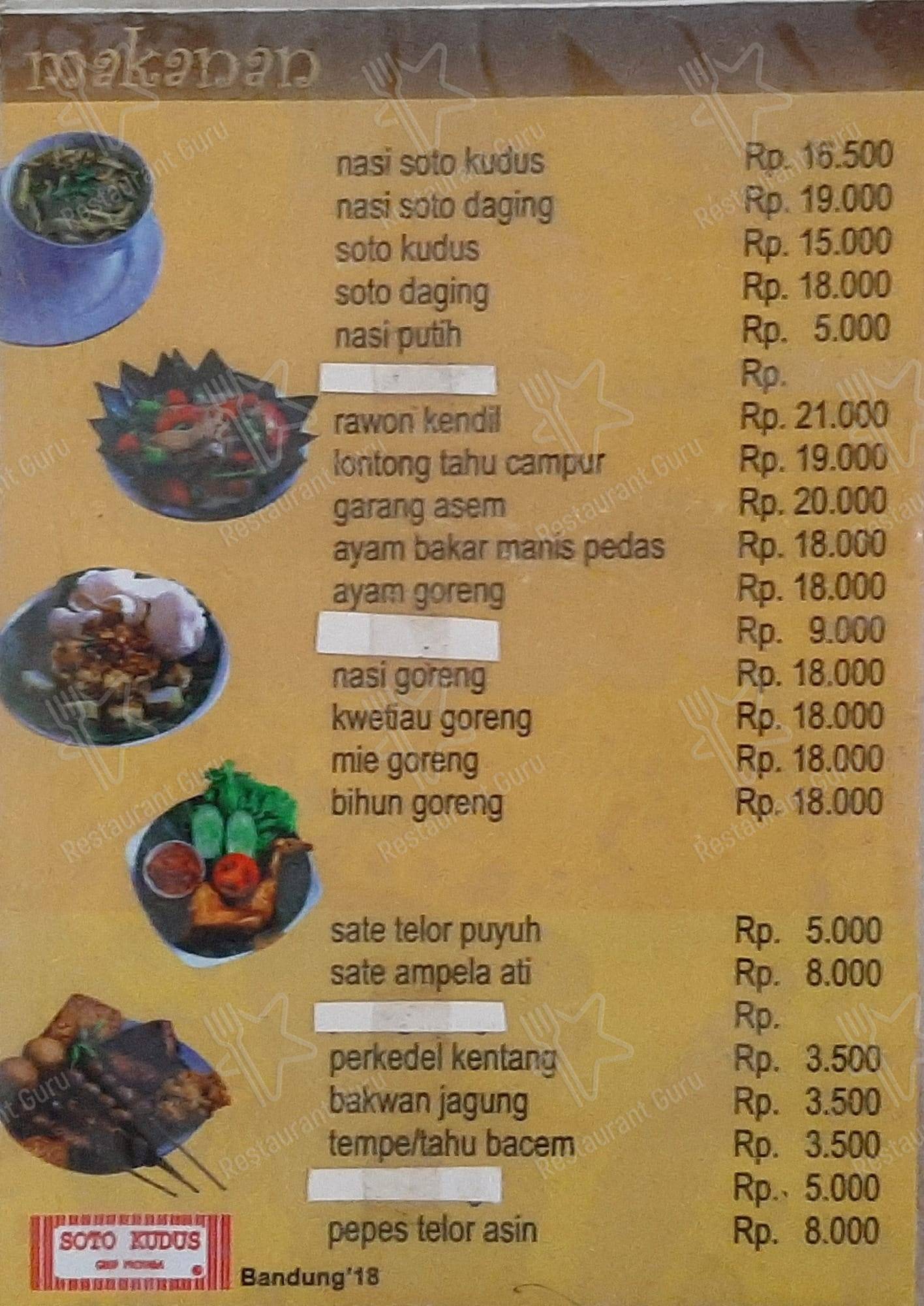 Carta del restaurante Soto Kudus Group Menara, Bandung