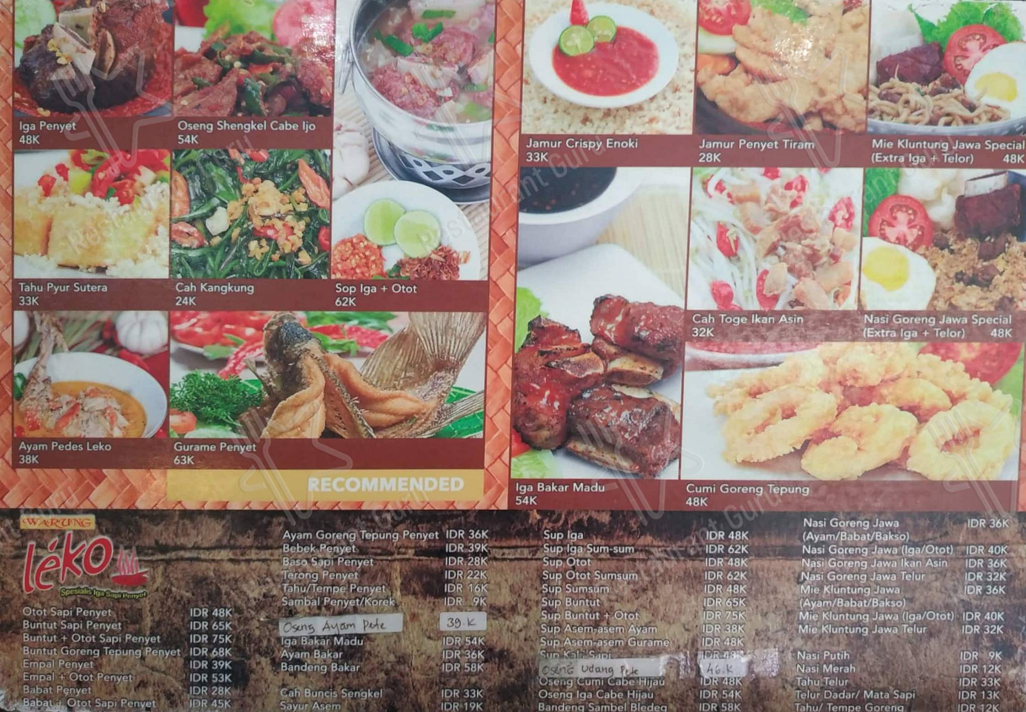Menu at Warung Leko restaurant, South Jakarta, Jl. TB Simatupang No.1