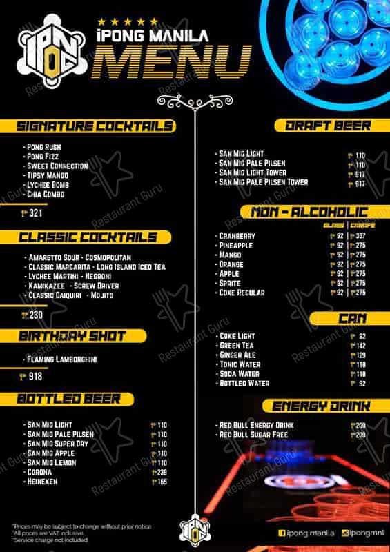 Menu at iPong Manila pub & bar, Taguig