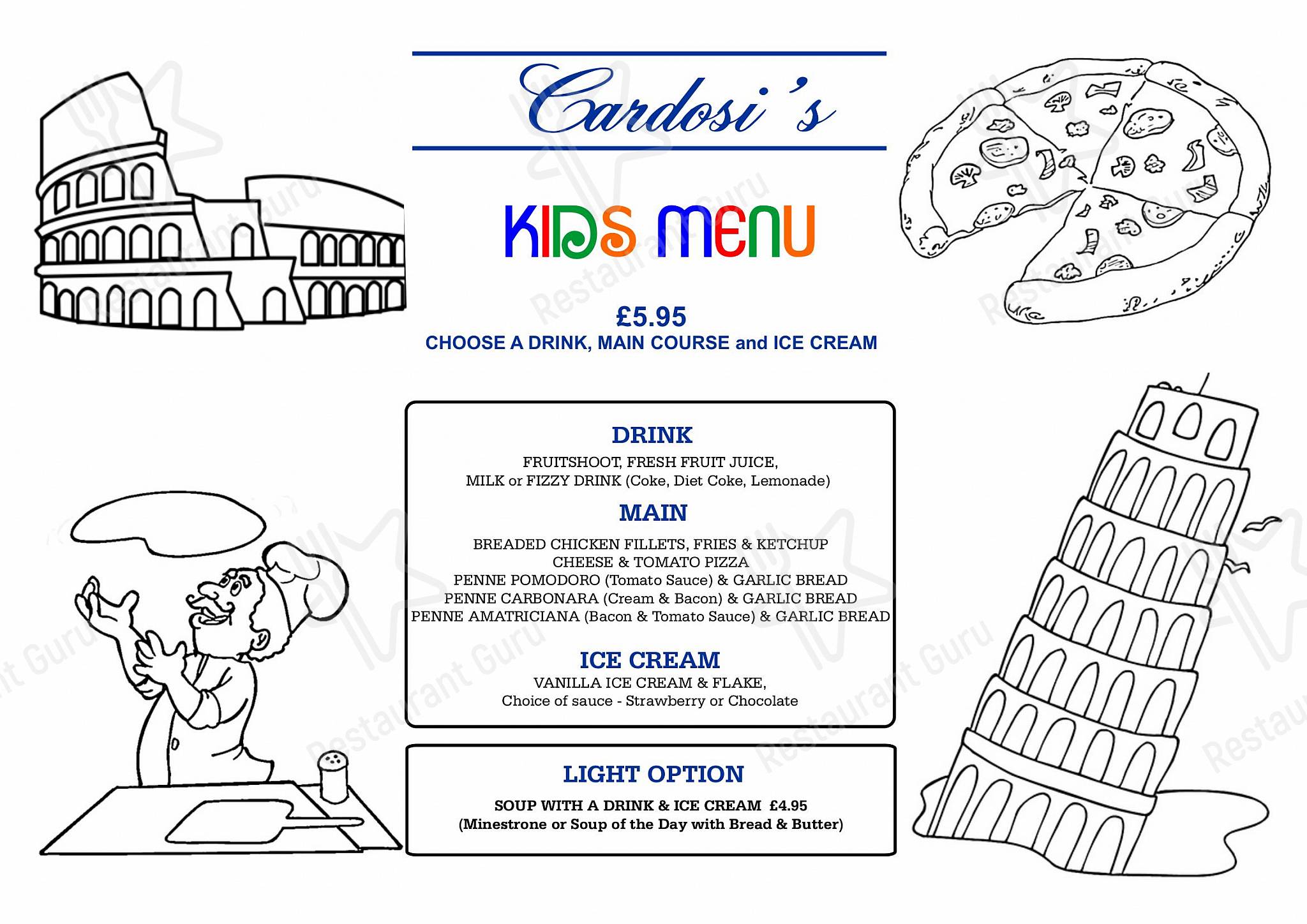 Menu at Cardosi's restaurant, Paisley, 4 Storie St