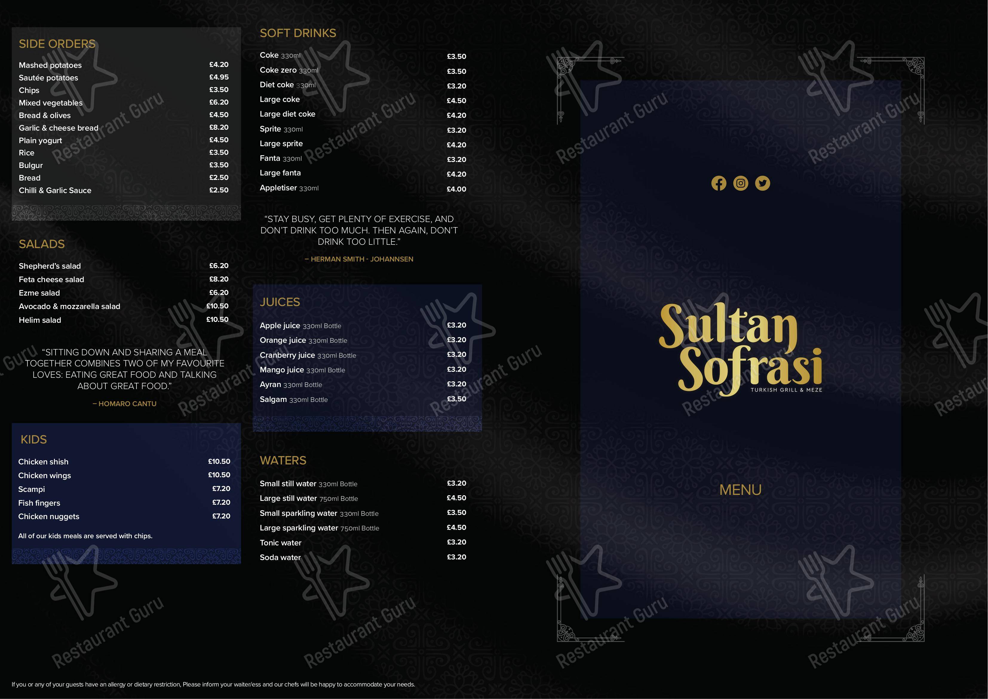 Menu at Sultan Sofrasi restaurant, Gravesend