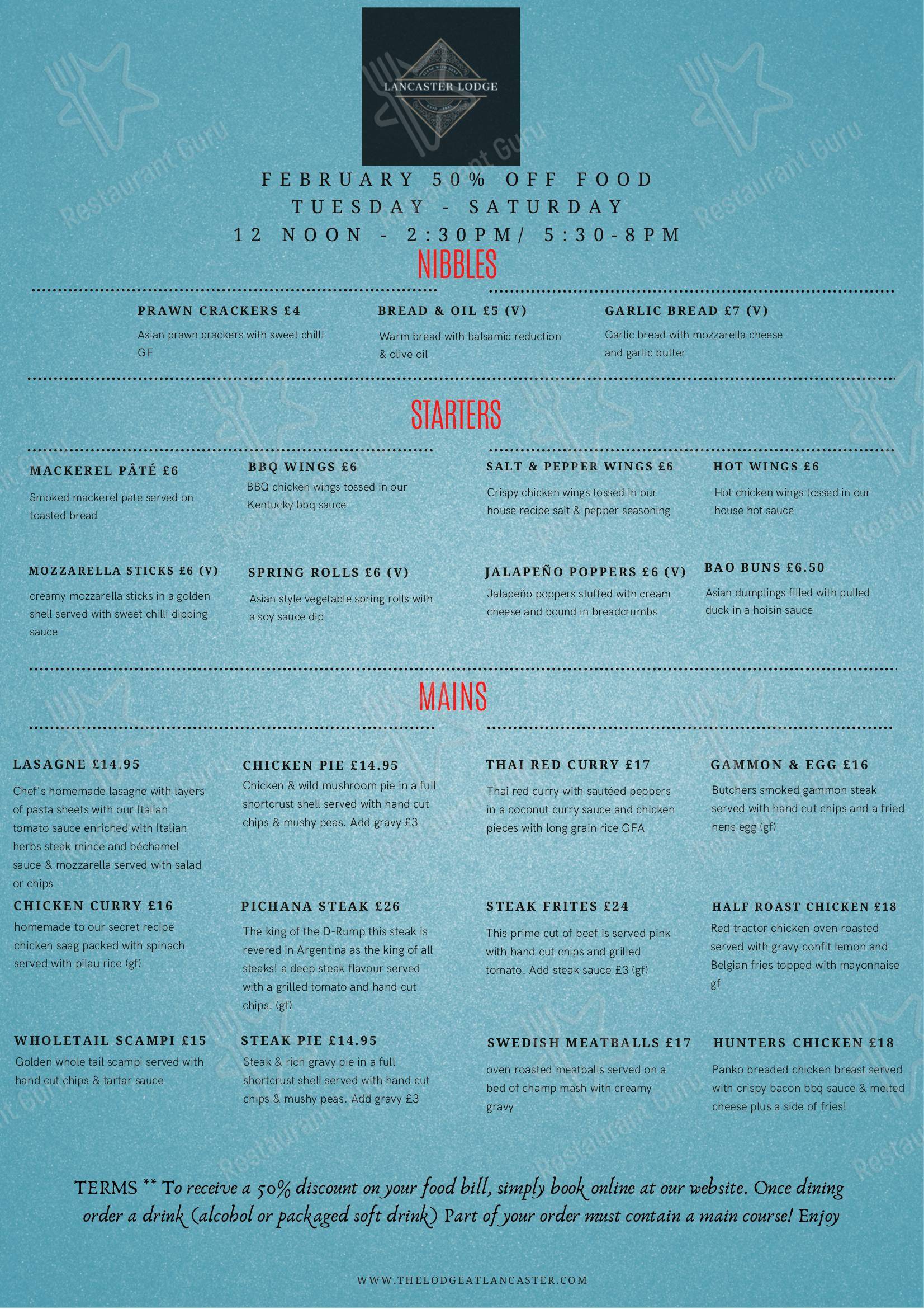 Menu at Slyne Lodge pub & bar, Lancaster, 92 Main Rd