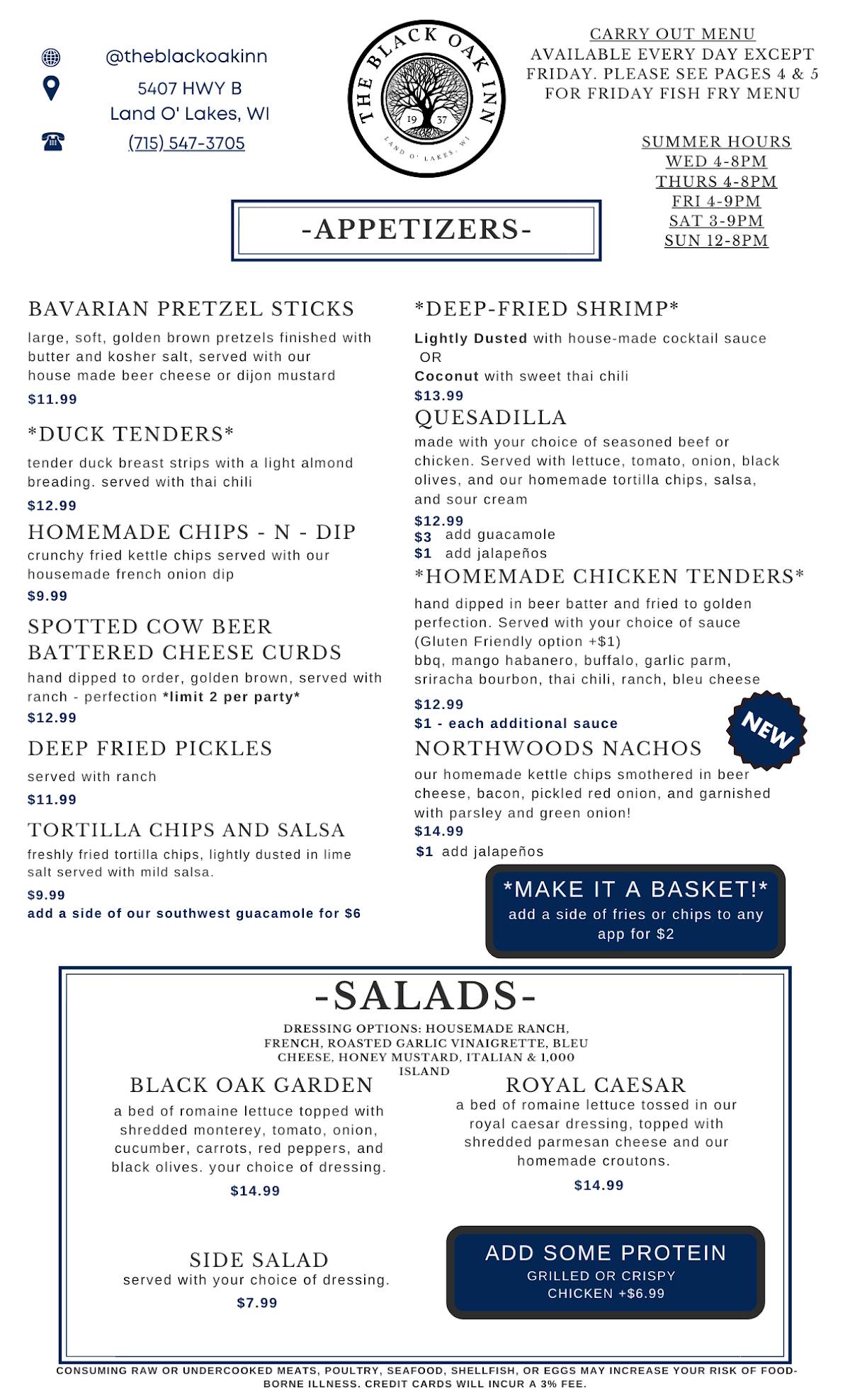 Menu at The Black Oak Inn pub & bar, USA, Co Hwy B