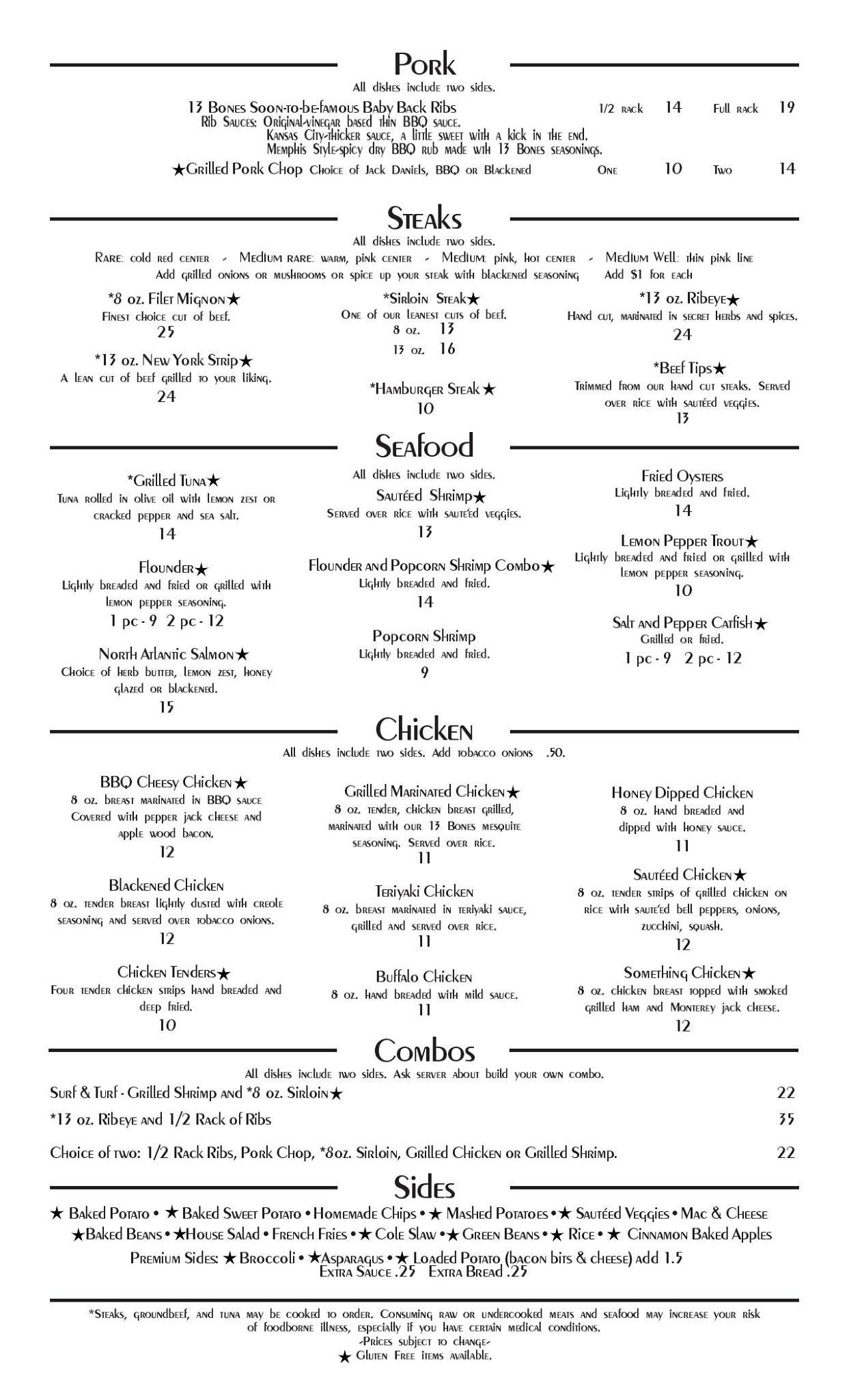 Menu at 13 Bones Restaurant, Mount Airy