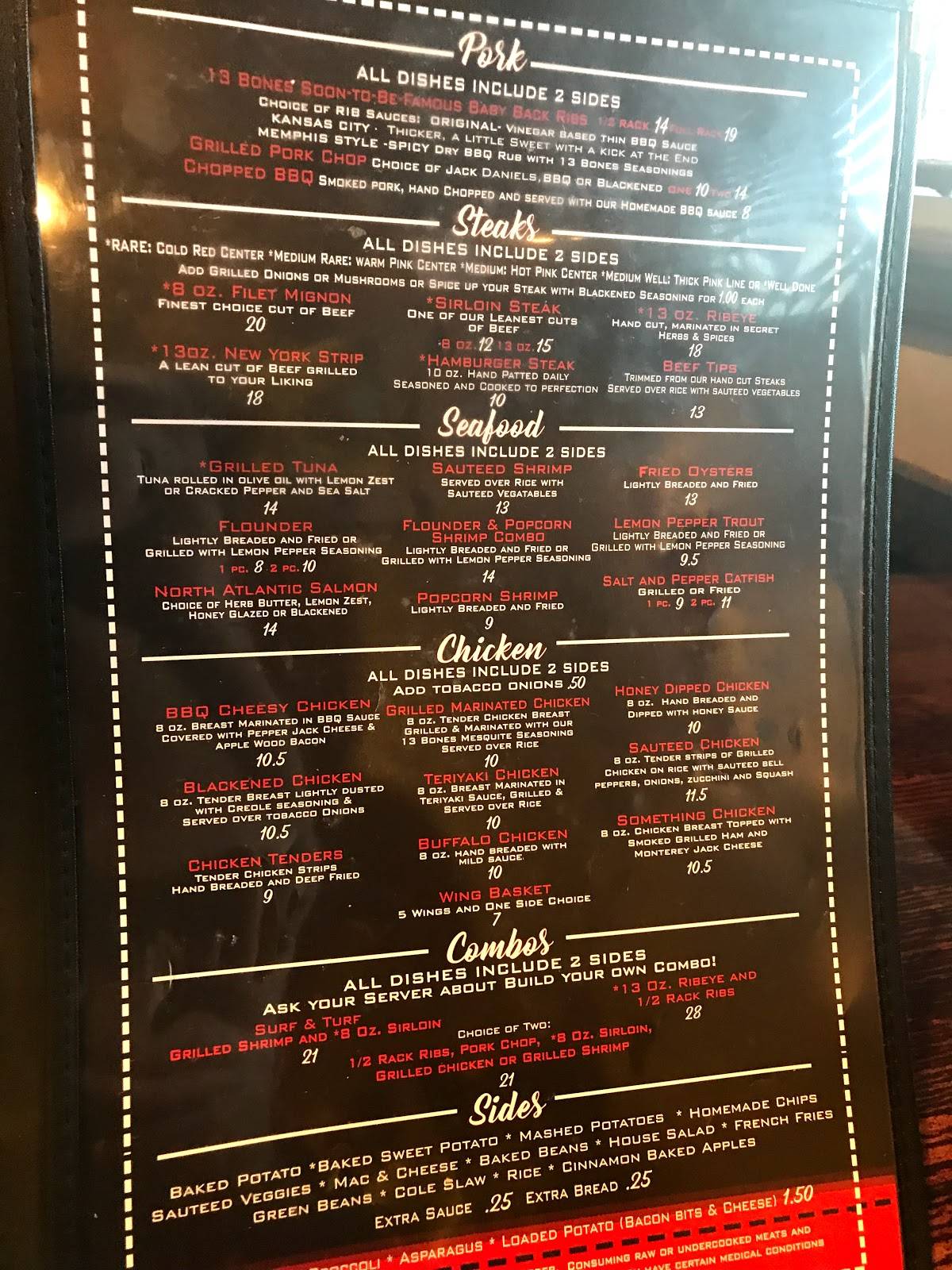 Menu at 13 Bones Restaurant, Mount Airy