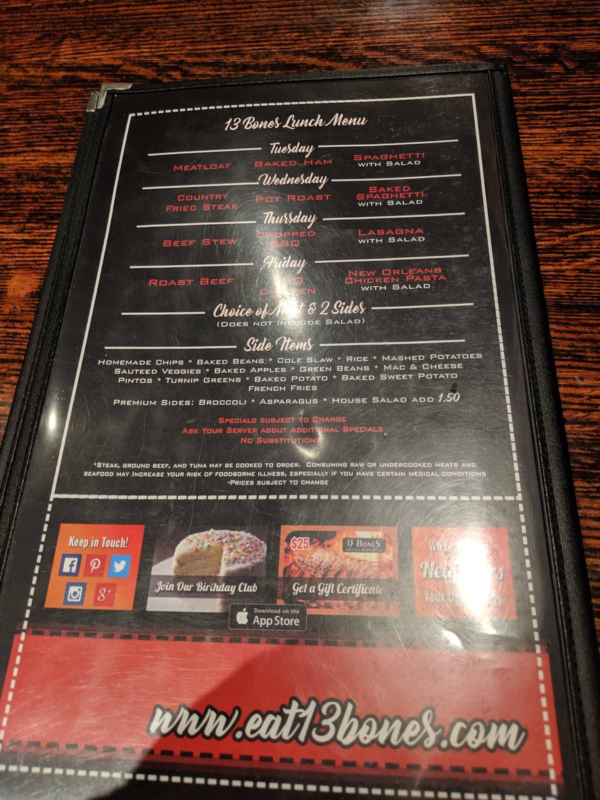 Menu at 13 Bones Restaurant, Mount Airy