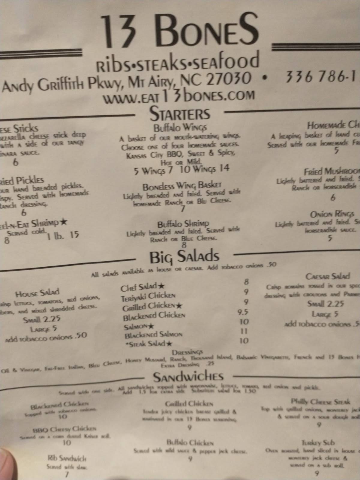 Menu at 13 Bones Restaurant, Mount Airy