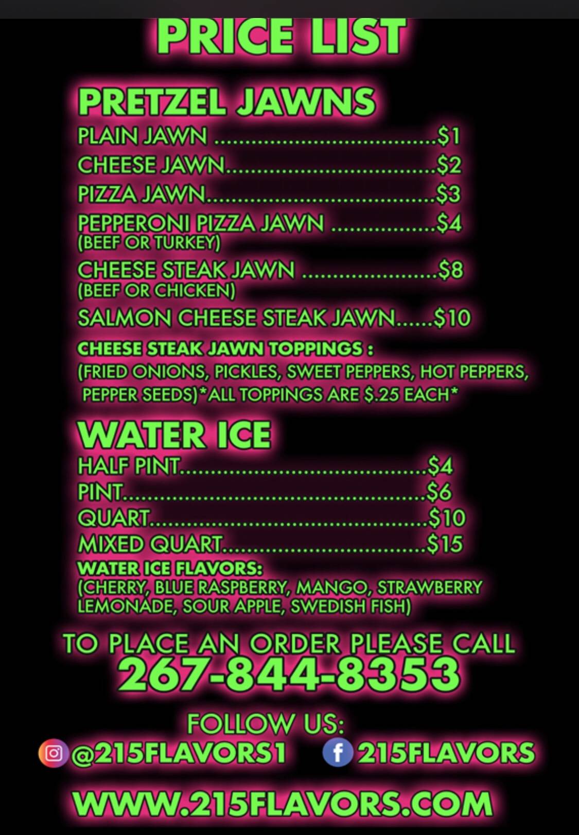Menu at 215 Flavors restaurant, Philadelphia