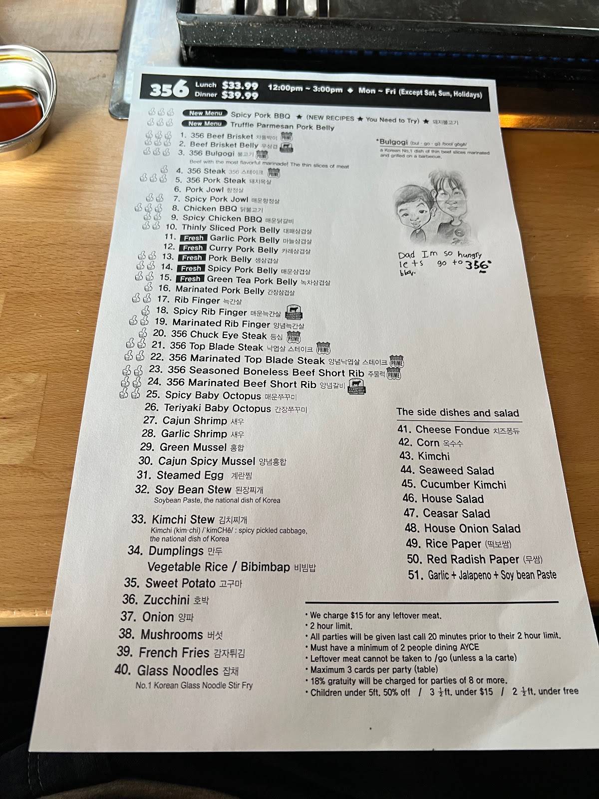 Menu at 356 Korean BBQ & Bar, San Diego