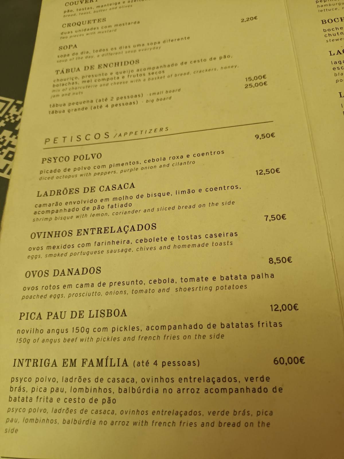 Menu at 39 Degraus cafeteria, Lisbon