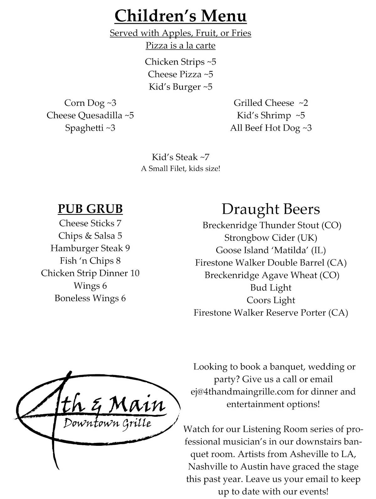 Menu at 4th & Main Downtown Grille pub & bar, Wray