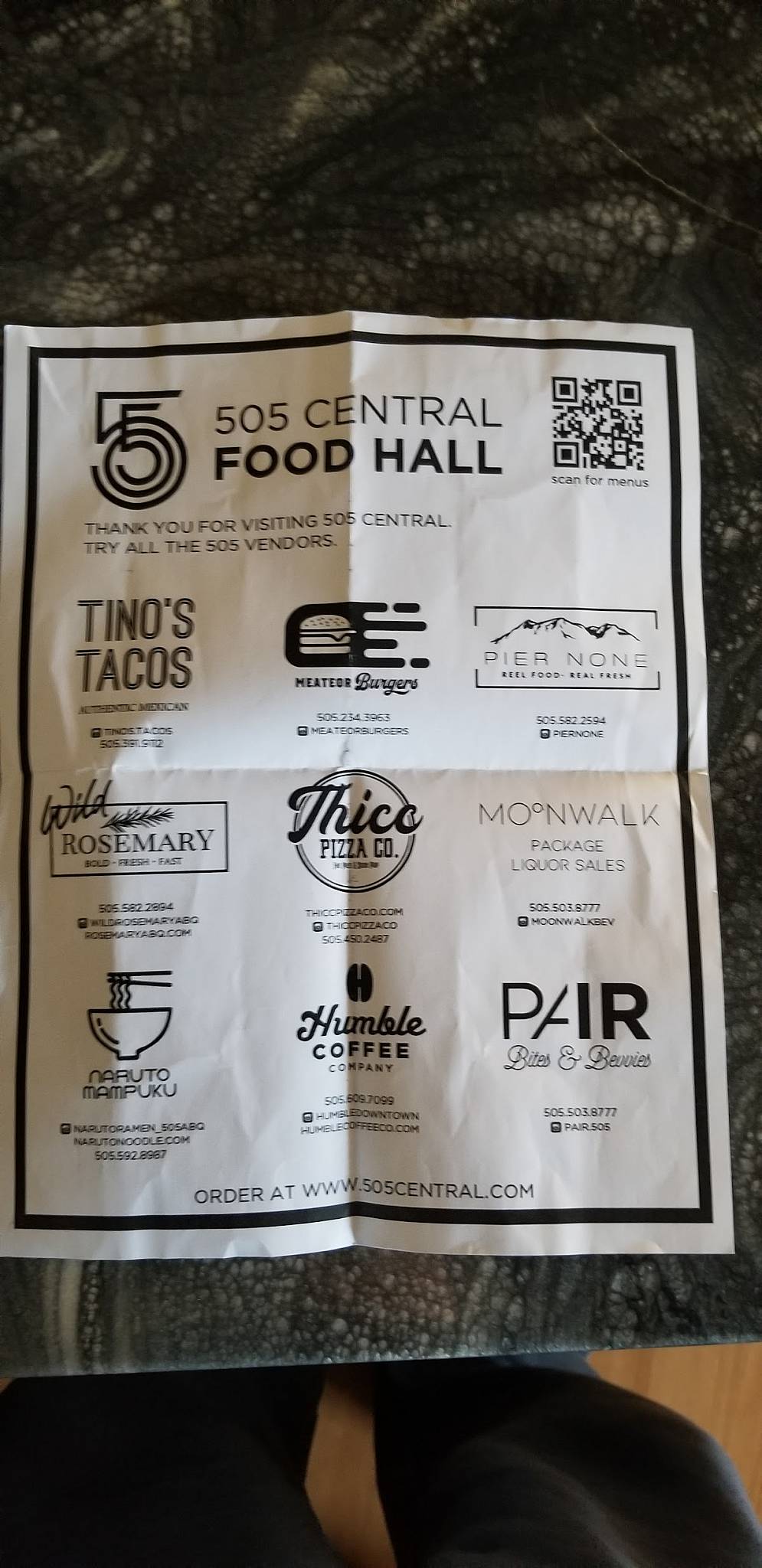 Menu at 505 Central Food Hall restaurant, Albuquerque