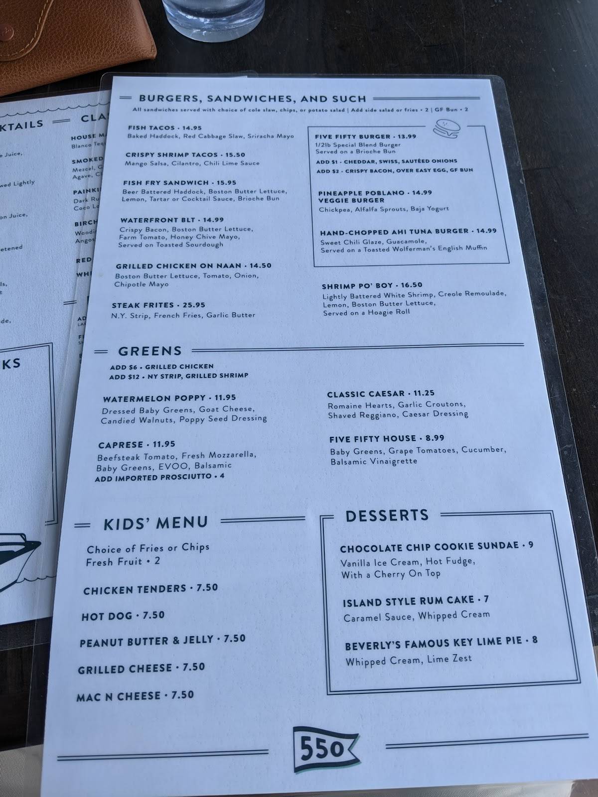Menu at 550 Waterfront by Druthers restaurant, Saratoga Springs