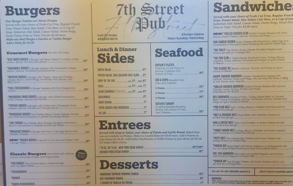 Menu at 7th Street Pub, Everett