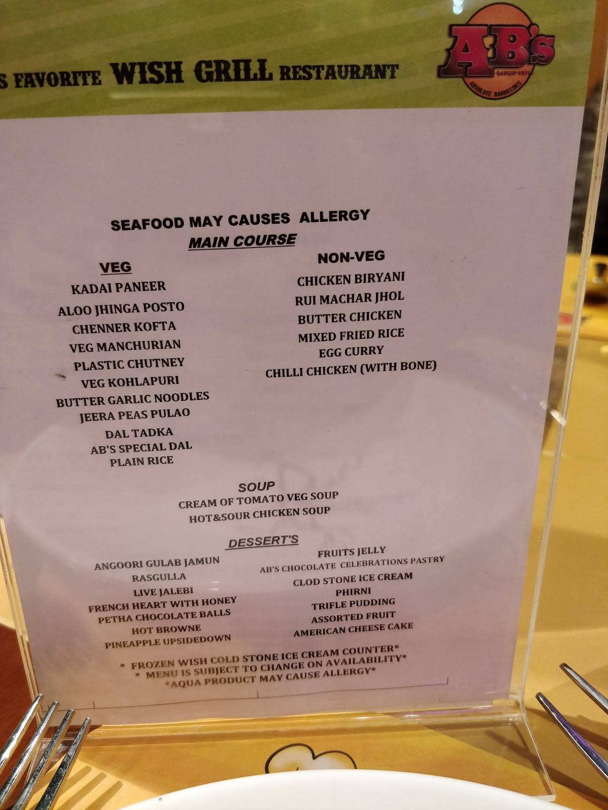 Menu at AB's - Absolute Barbecues Avani Mall, Kolkata, Howrah