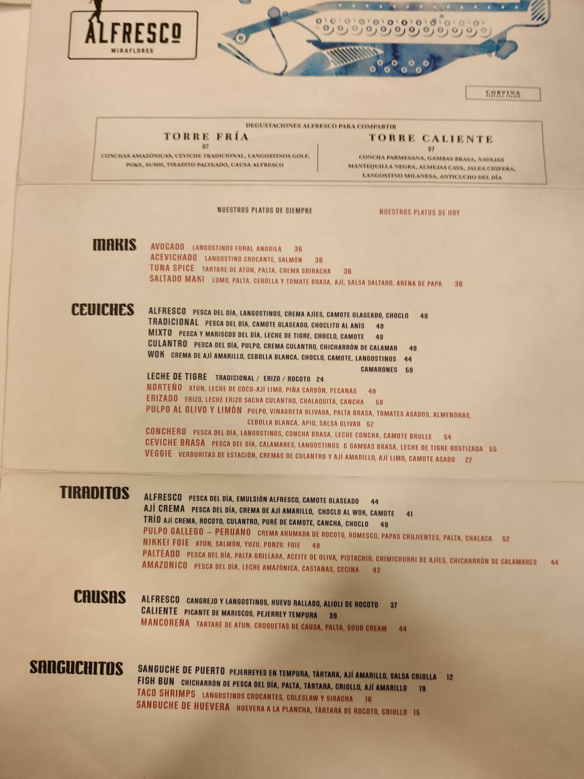Menu at ALFRESCO restaurant, Miraflores, Av. 28 de Julio 331