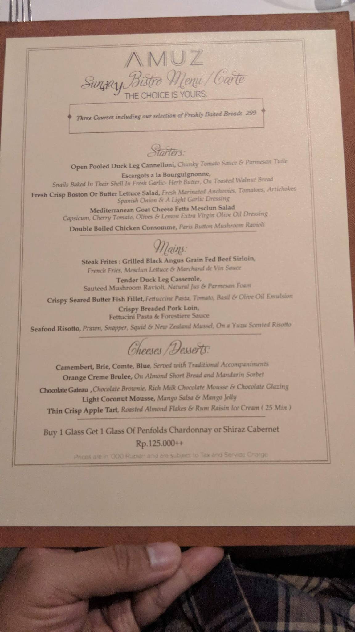 Menu at AMUZ Gourmet Restaurant, Jakarta