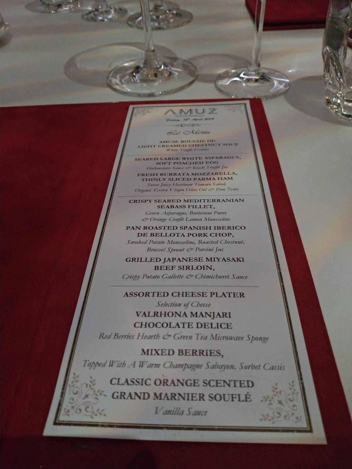 Menu at AMUZ Gourmet Restaurant, Jakarta