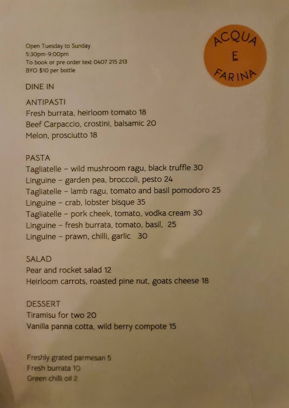 Carta del restaurante Acqua e Farina, Potts Point
