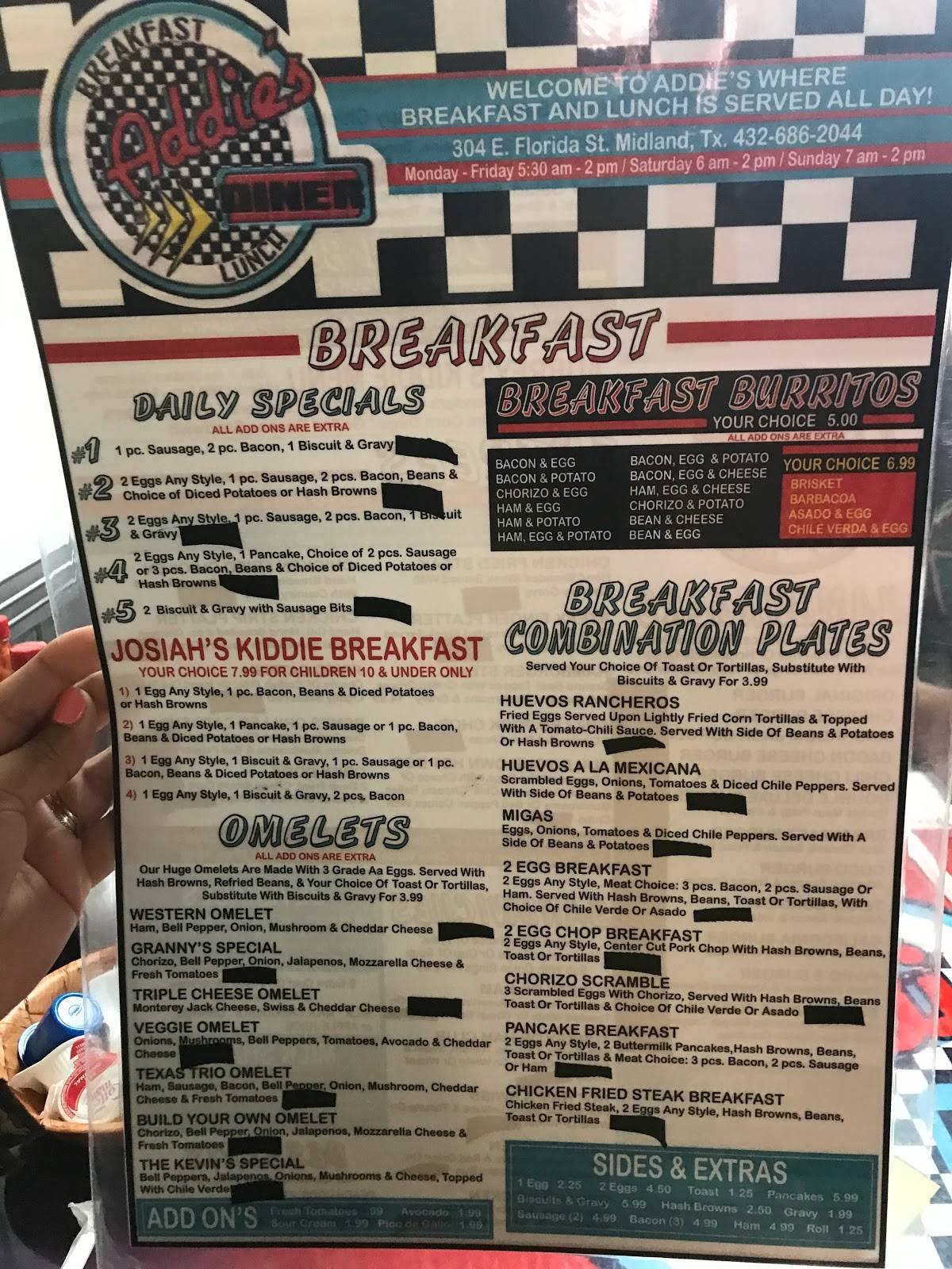 Menu at Addie's Diner restaurant, Midland