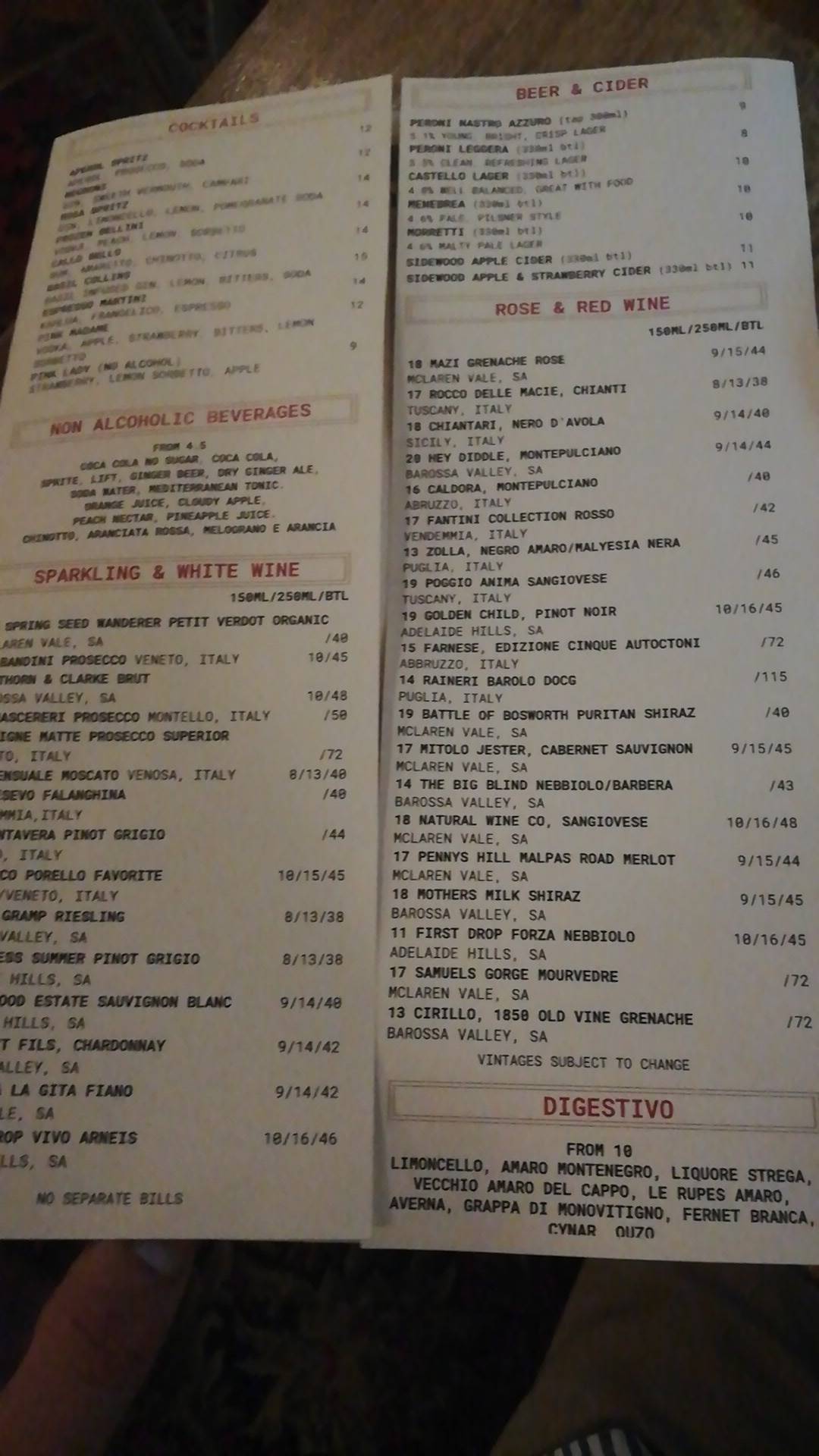 Menu at Pizza e Mozzarella Bar, Adelaide