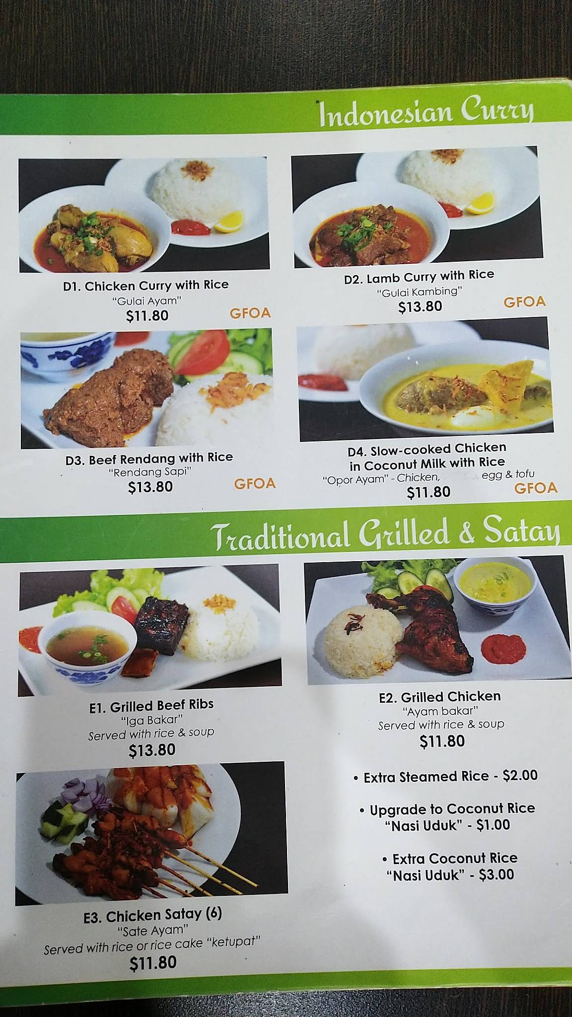 Menu at Pondok Daun Restaurant, Adelaide
