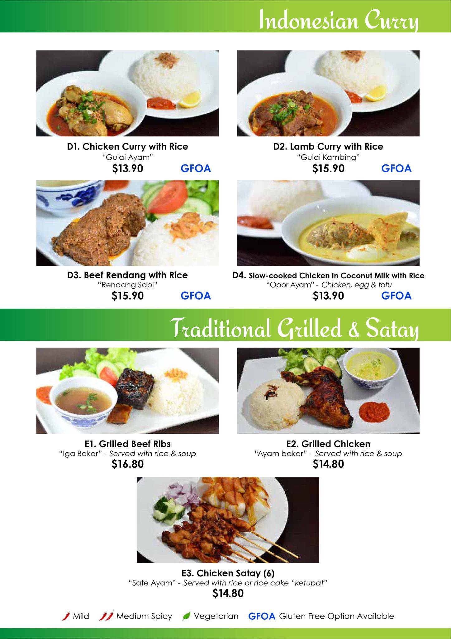 Menu at Pondok Daun Restaurant, Adelaide