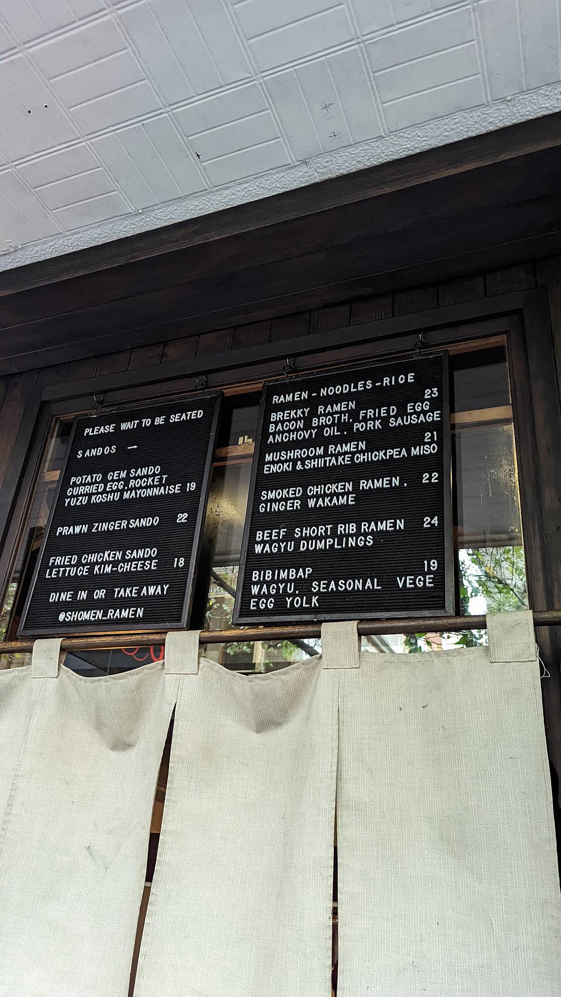 Menu at Shobosho restaurant, Adelaide