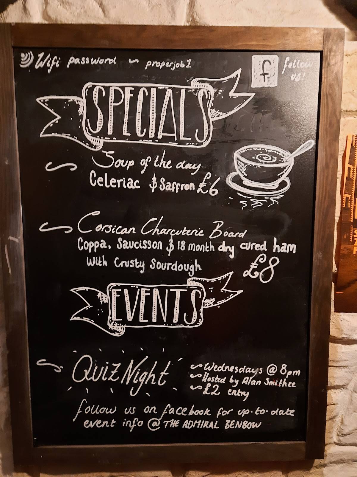 Menu at Admiral Benbow pub & bar, Penzance
