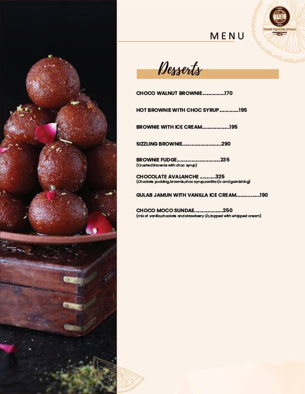 Menu at Three Quarter Indian, Ahmedabad
