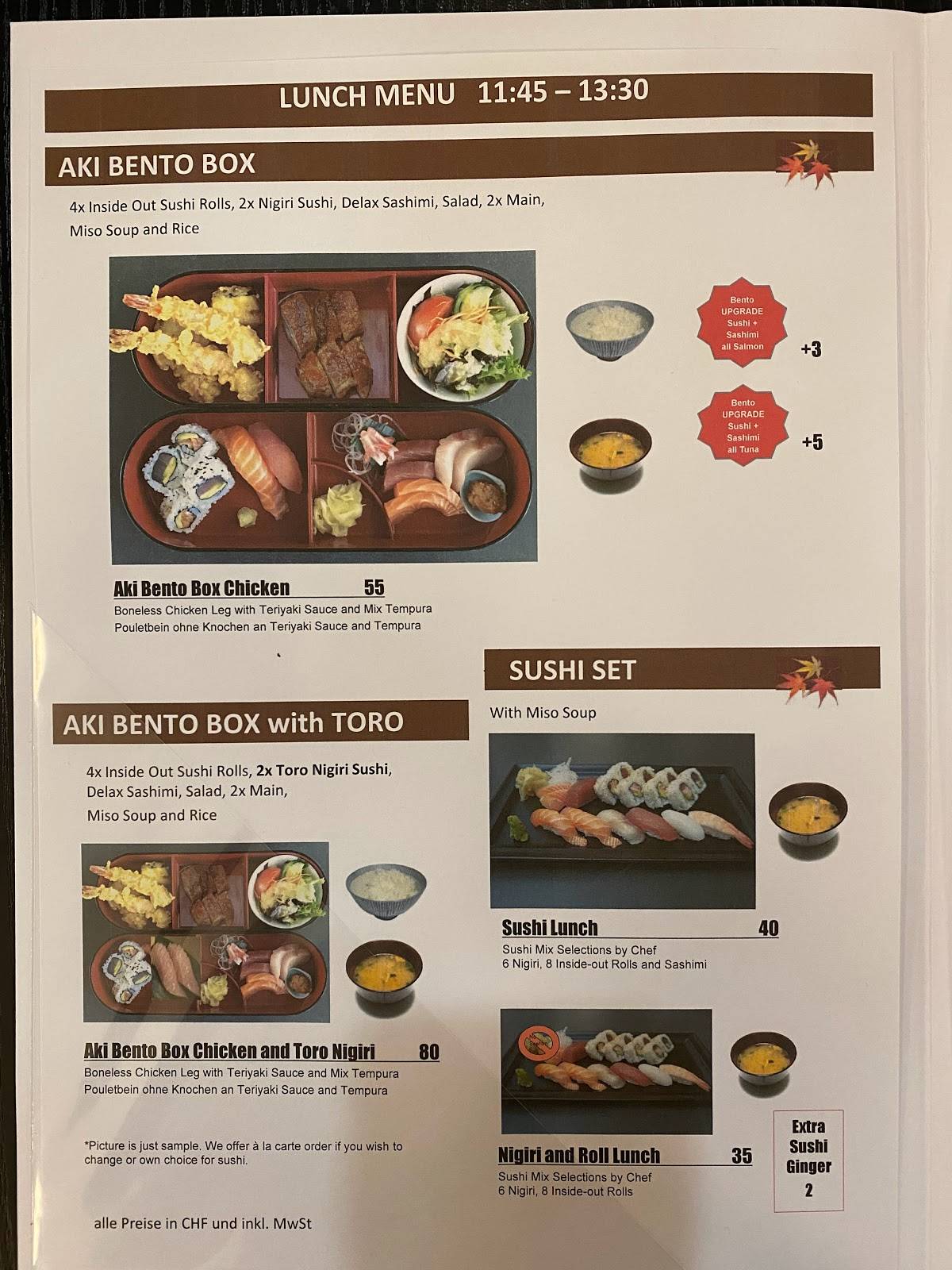 Speisekarte von Aki Sushi Kistenfabrik, Zug, Baarerstrasse 135