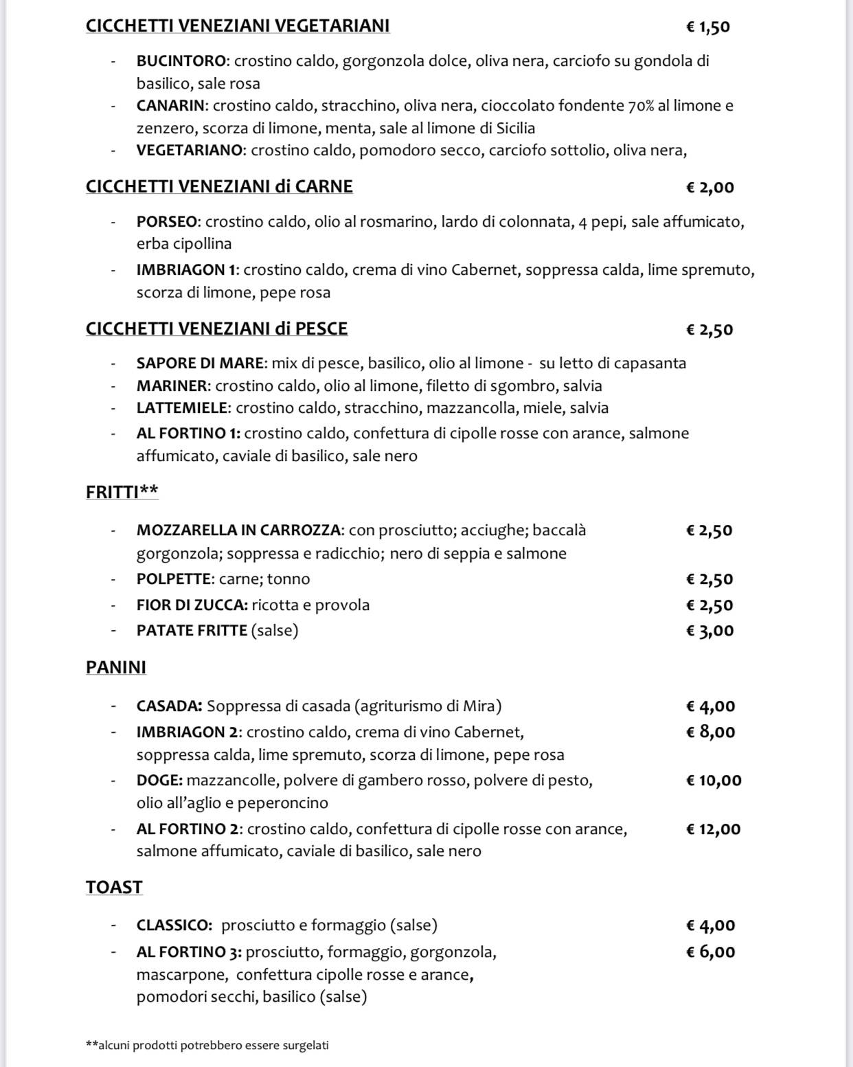 Speisekarte von Al Fortino pub & Bar, Venedig