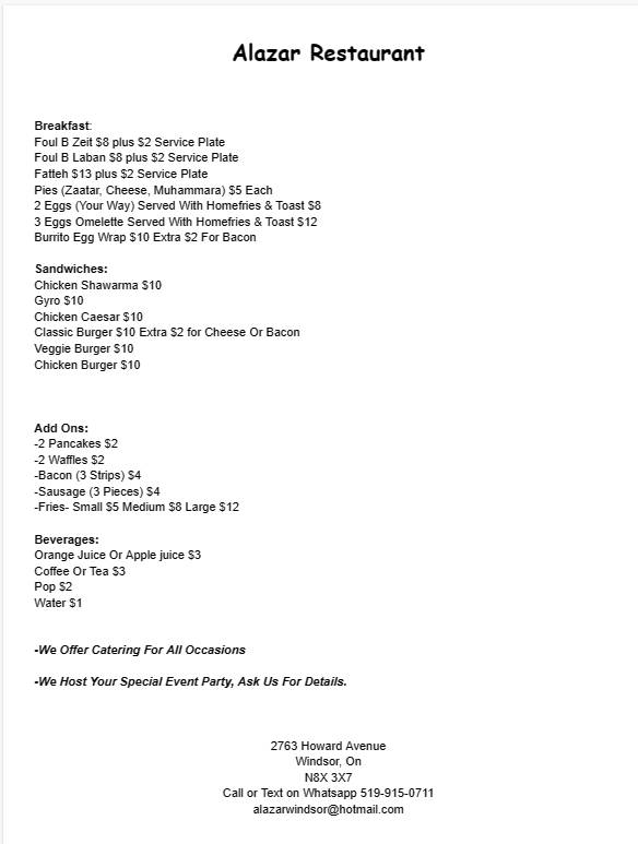 Menu at Alazar restaurant, Windsor