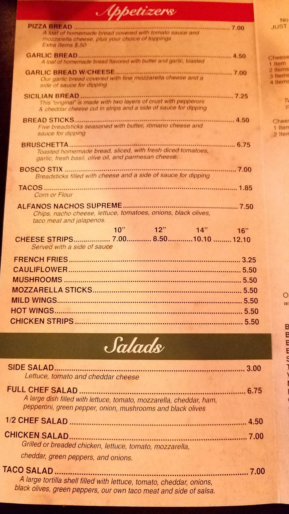 Menu at Alfano's Pizzeria, Monmouth