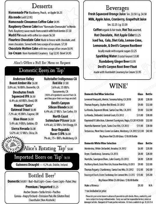 Menu at Alice's Restaurant, Woodside, Skyline Blvd