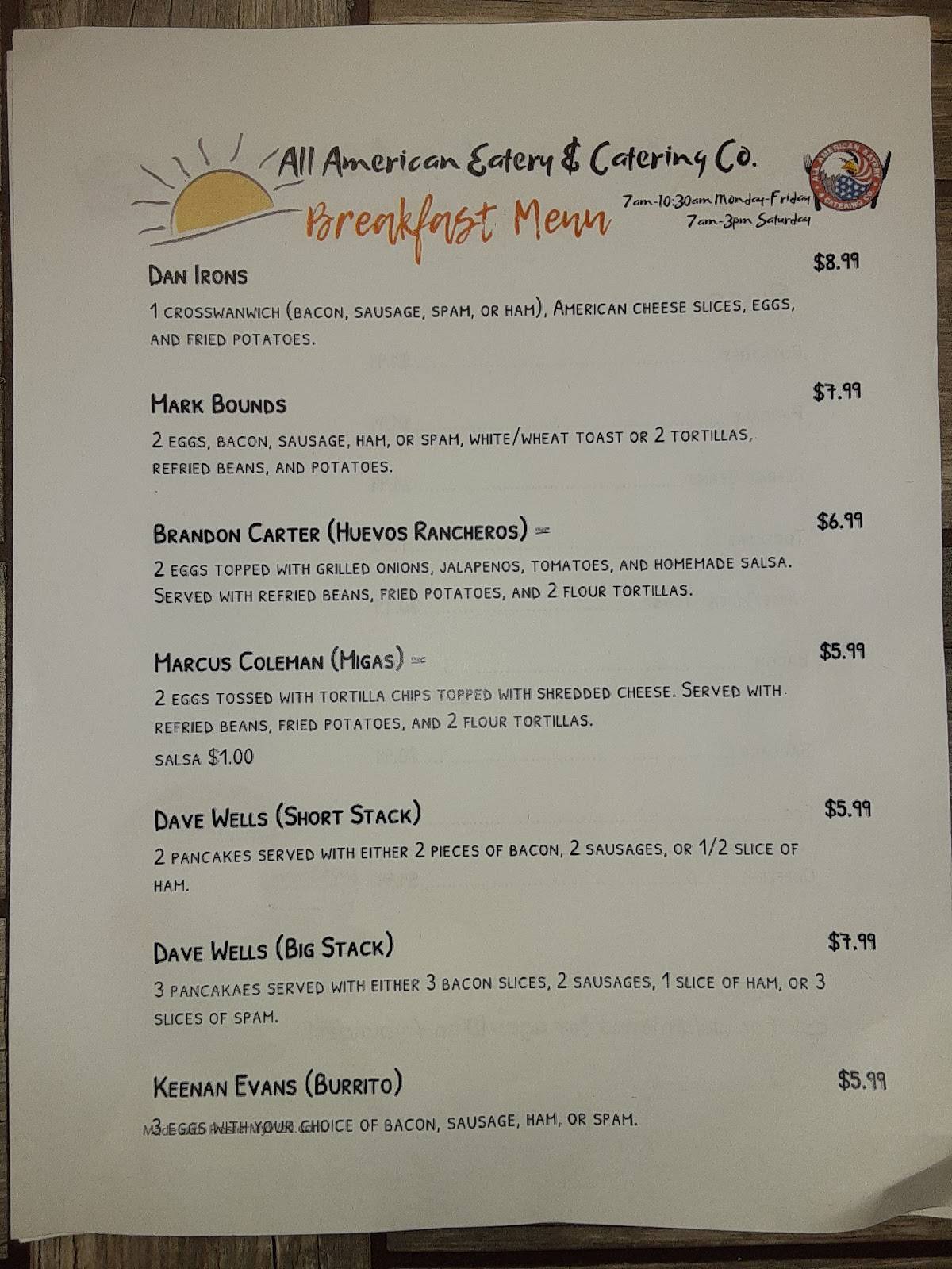 Menu at All American Eatery & Catering Co. restaurant, Lubbock