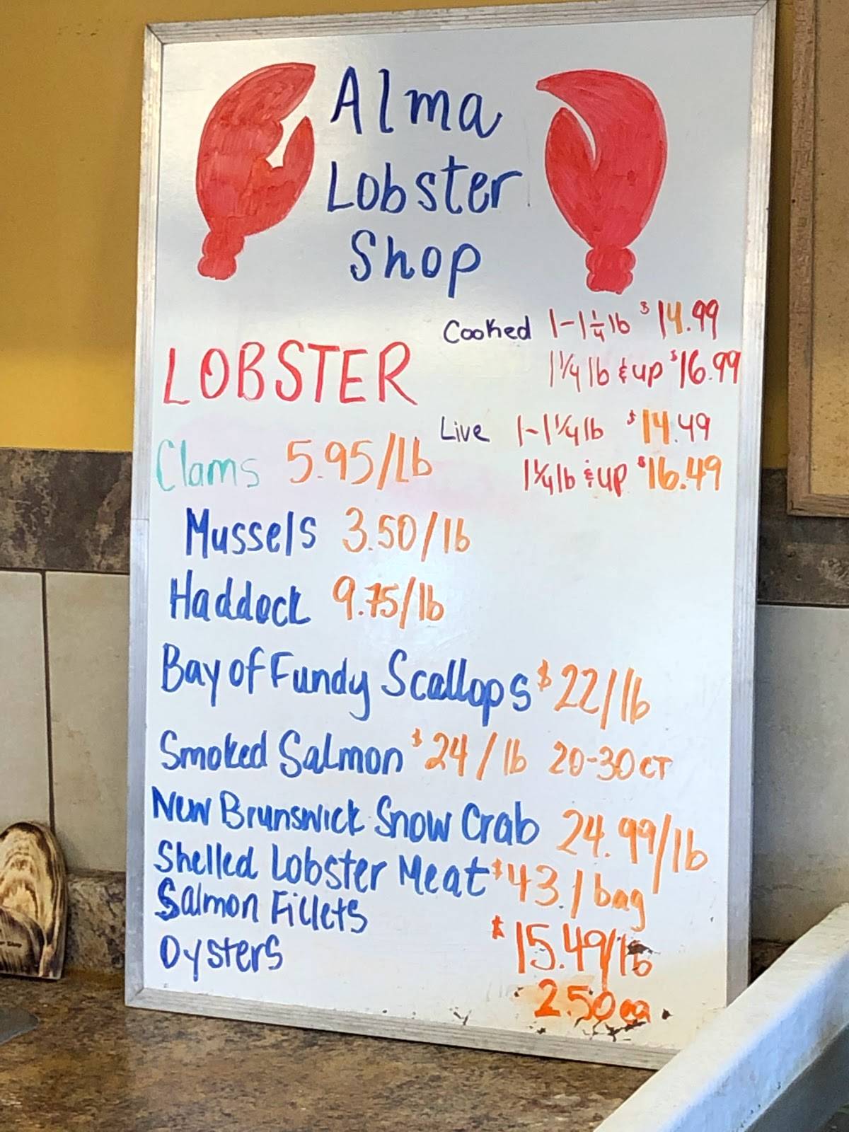 Menu at Alma Lobster Shop restaurant, Alma