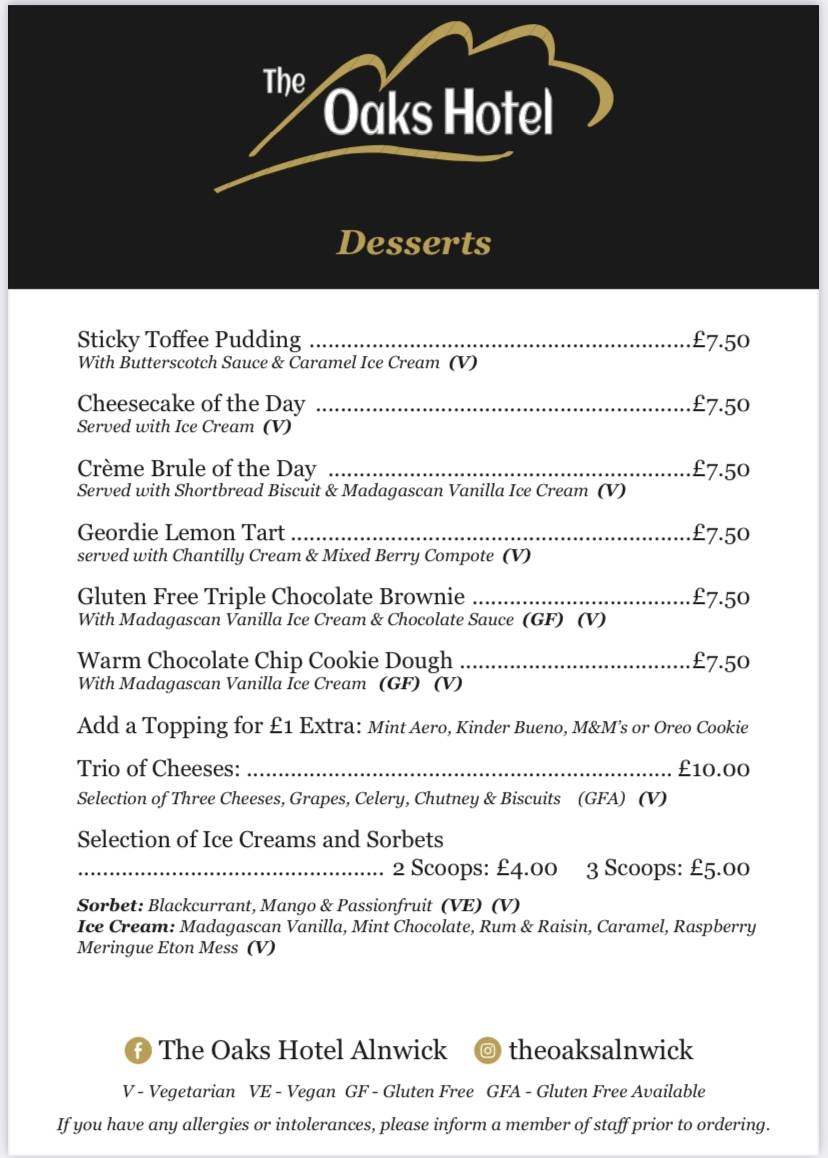 Menu at The Oaks Hotel pub & bar, Alnwick