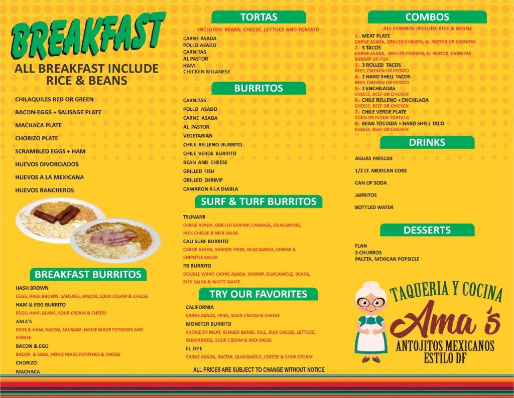 Menu at Ama’s taqueria y cocina restaurant, El Cajon