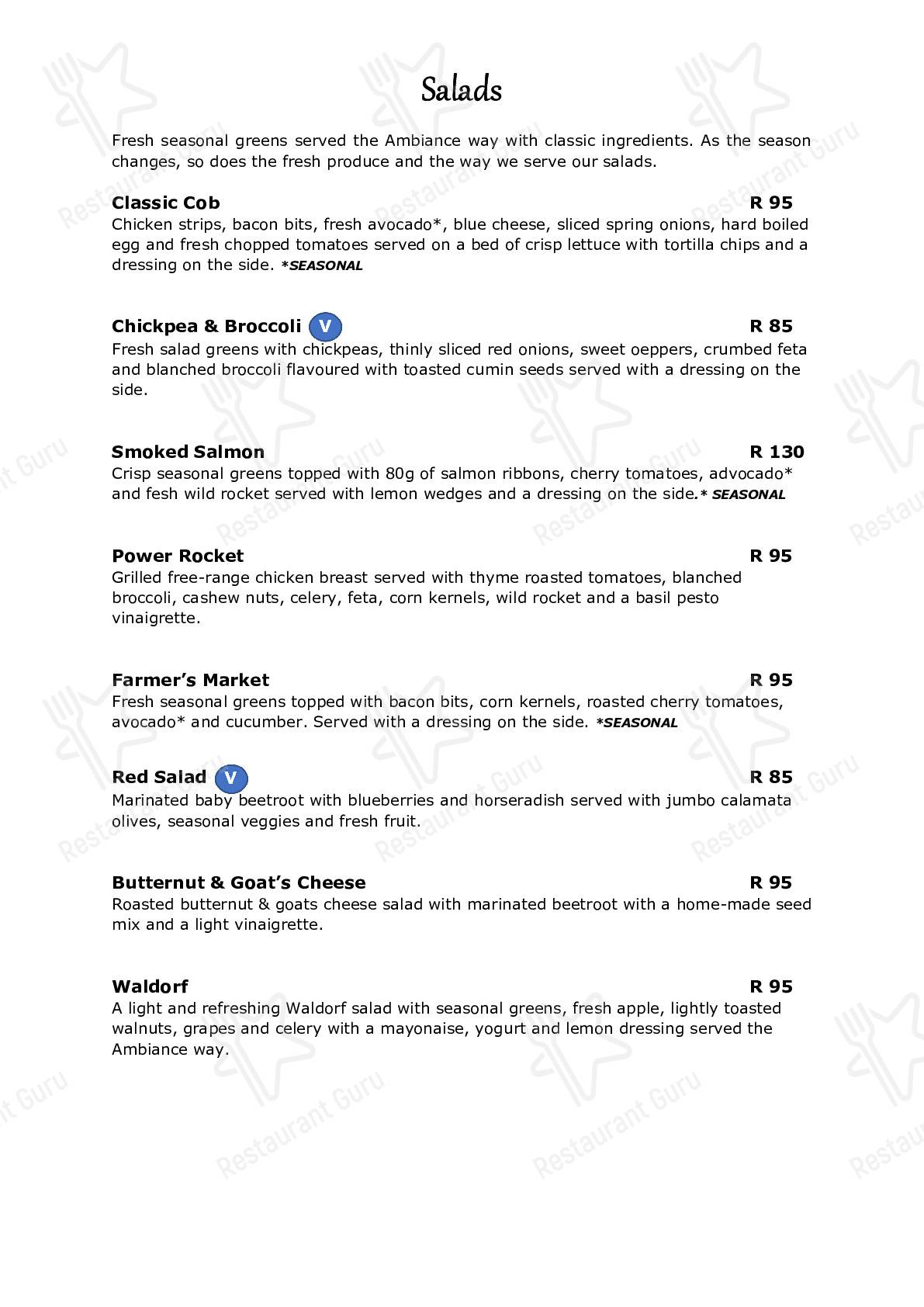 Menu at Ambiance Restaurant Greyton, Greyton