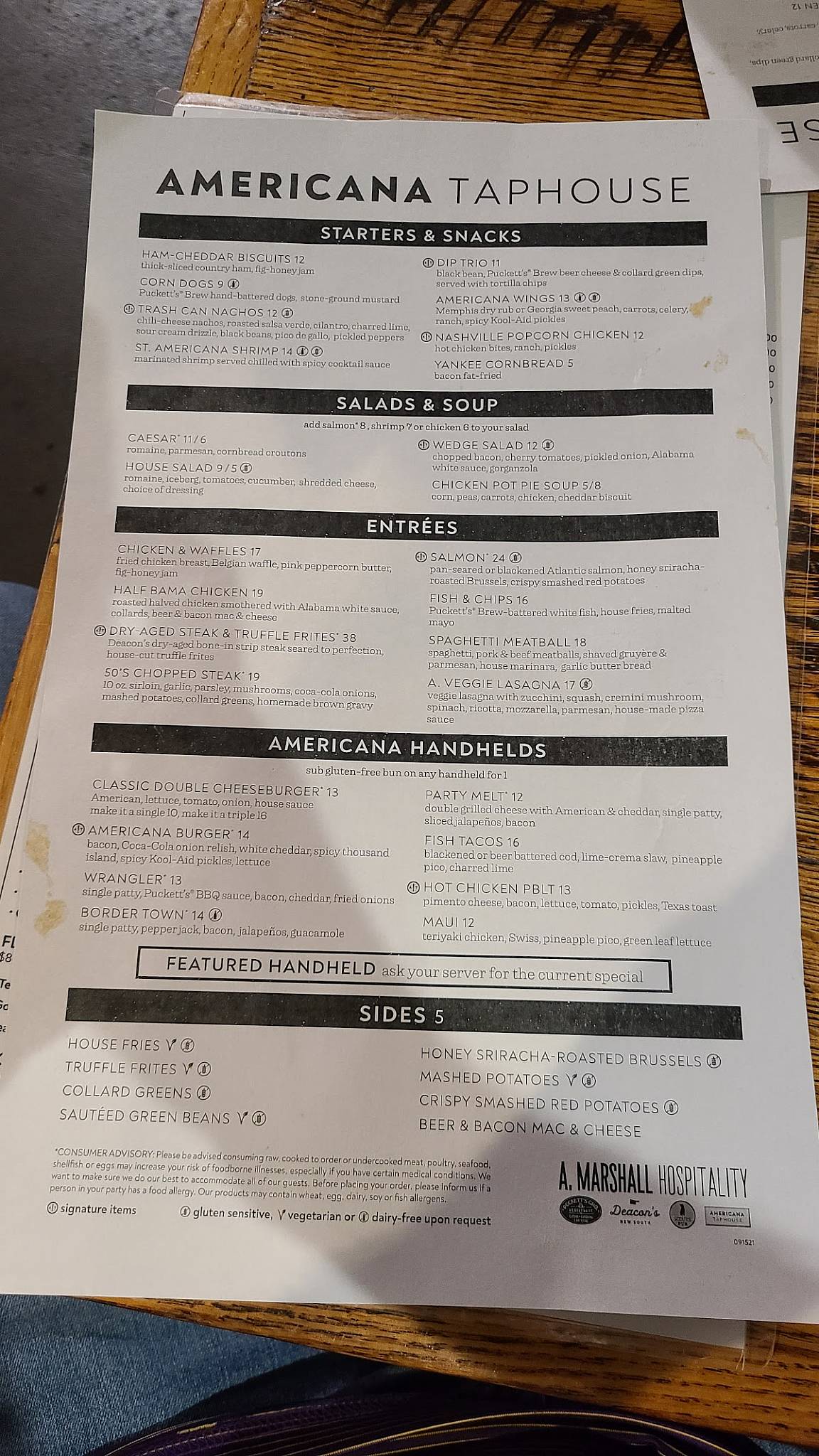 Menu at Americana Taphouse pub & bar, Franklin