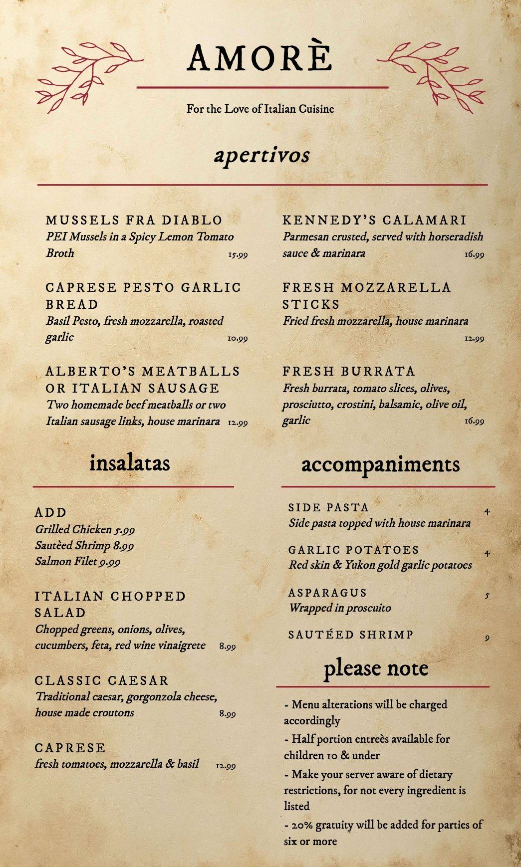Menu at Amore Fine Italian Ristorante restaurant, Floyds Knobs