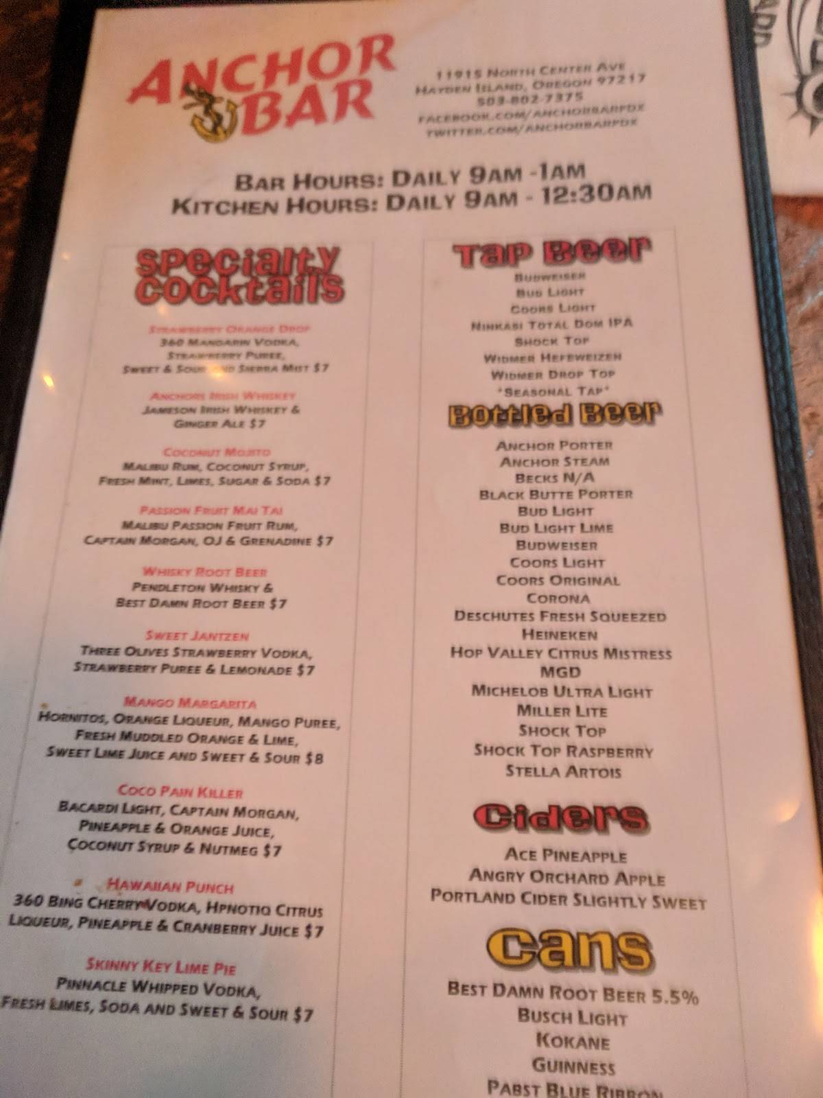 Menu at Anchor Bar, Portland