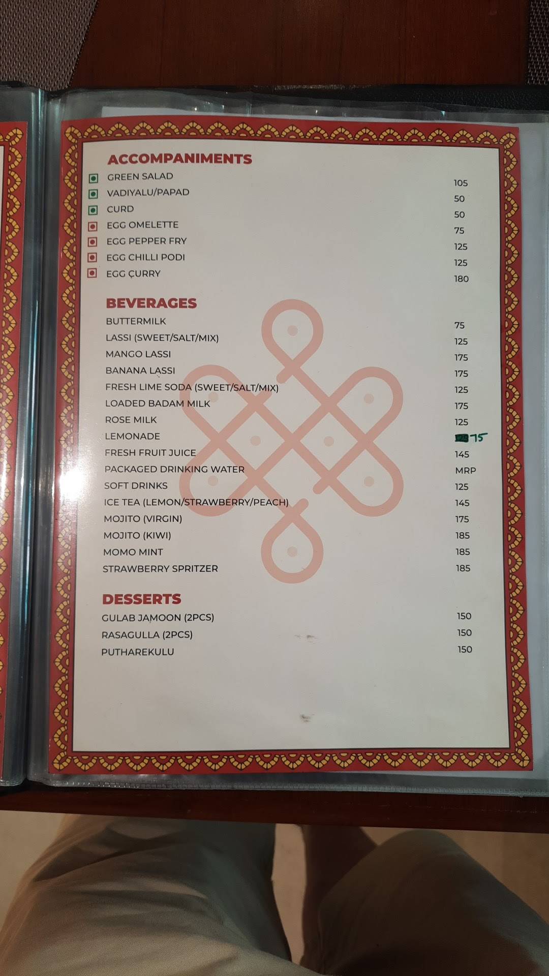 Menu at Andhra Kaaram, Ernakulam